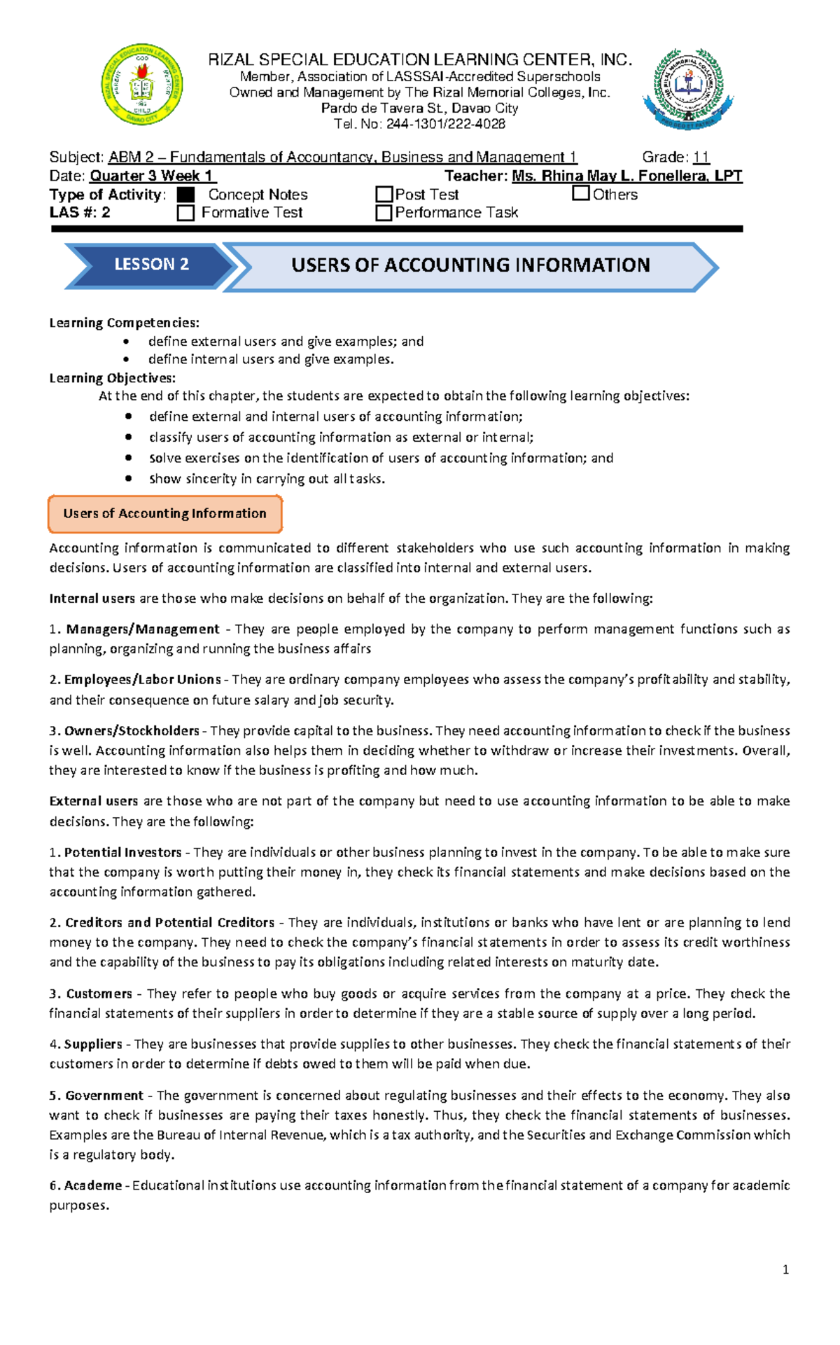 ABM 2 FABM1 Week 1 Lesson 4 SHS - RIZAL SPECIAL EDUCATION LEARNING ...