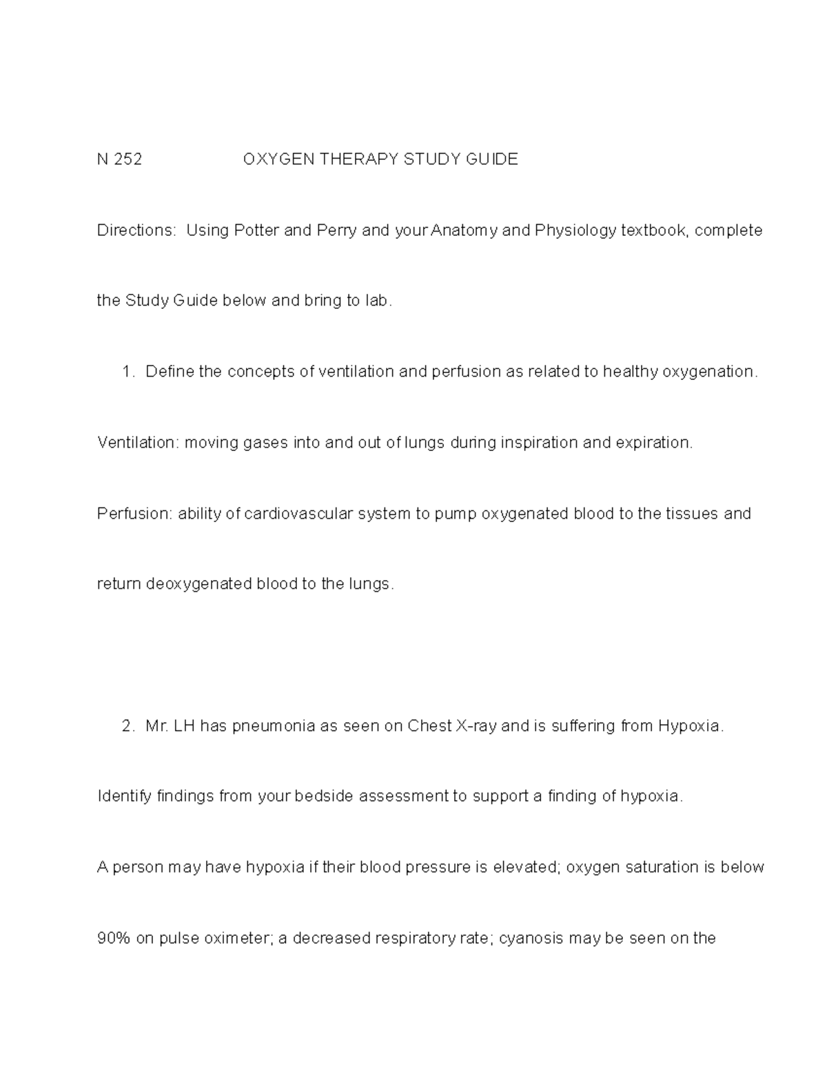 Oxygen Therapy Study Guide - N 252 OXYGEN THERAPY STUDY GUIDE ...