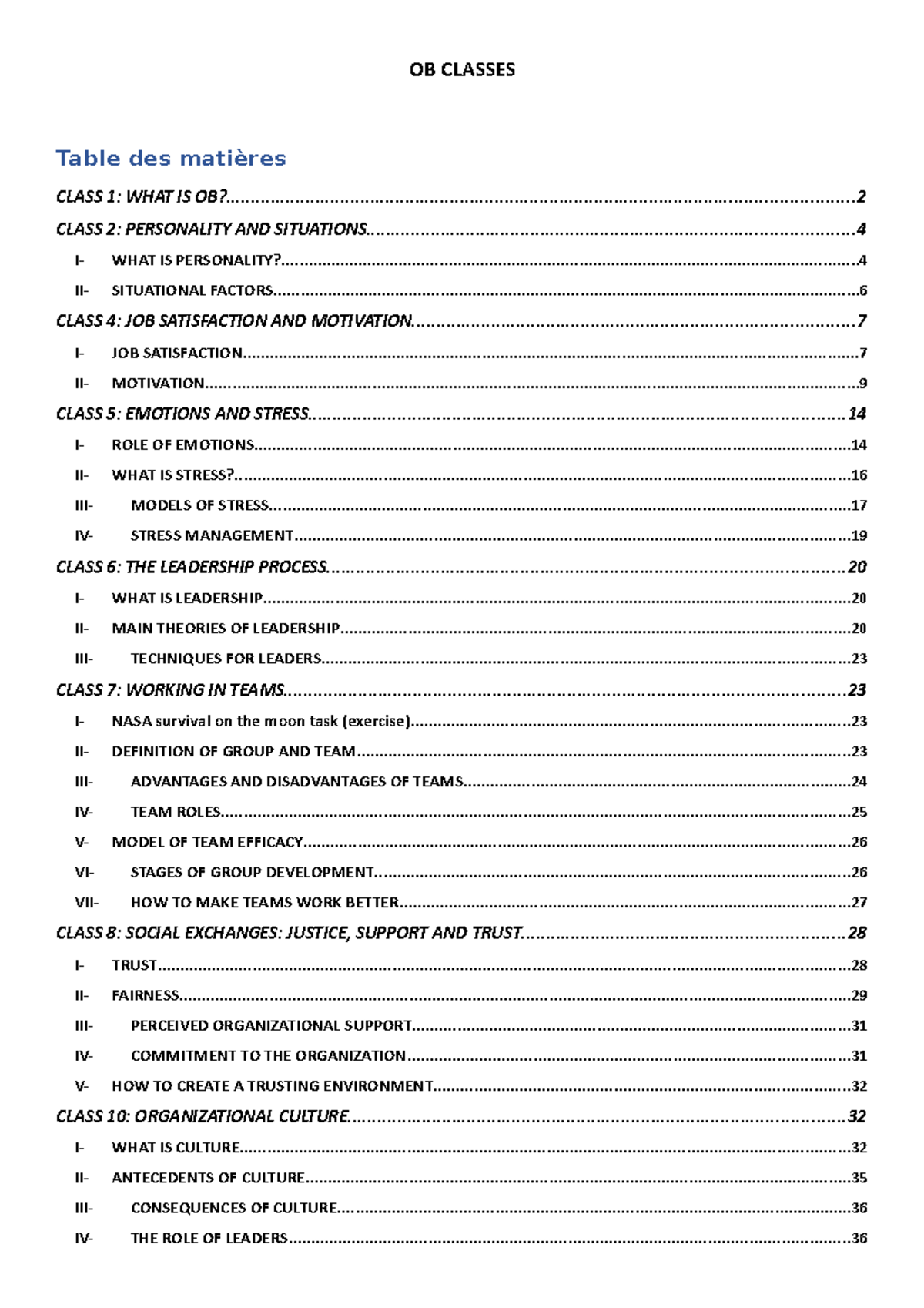 Organizational Behavior final - OB CLASSES CLASS 1: WHAT IS - Studocu
