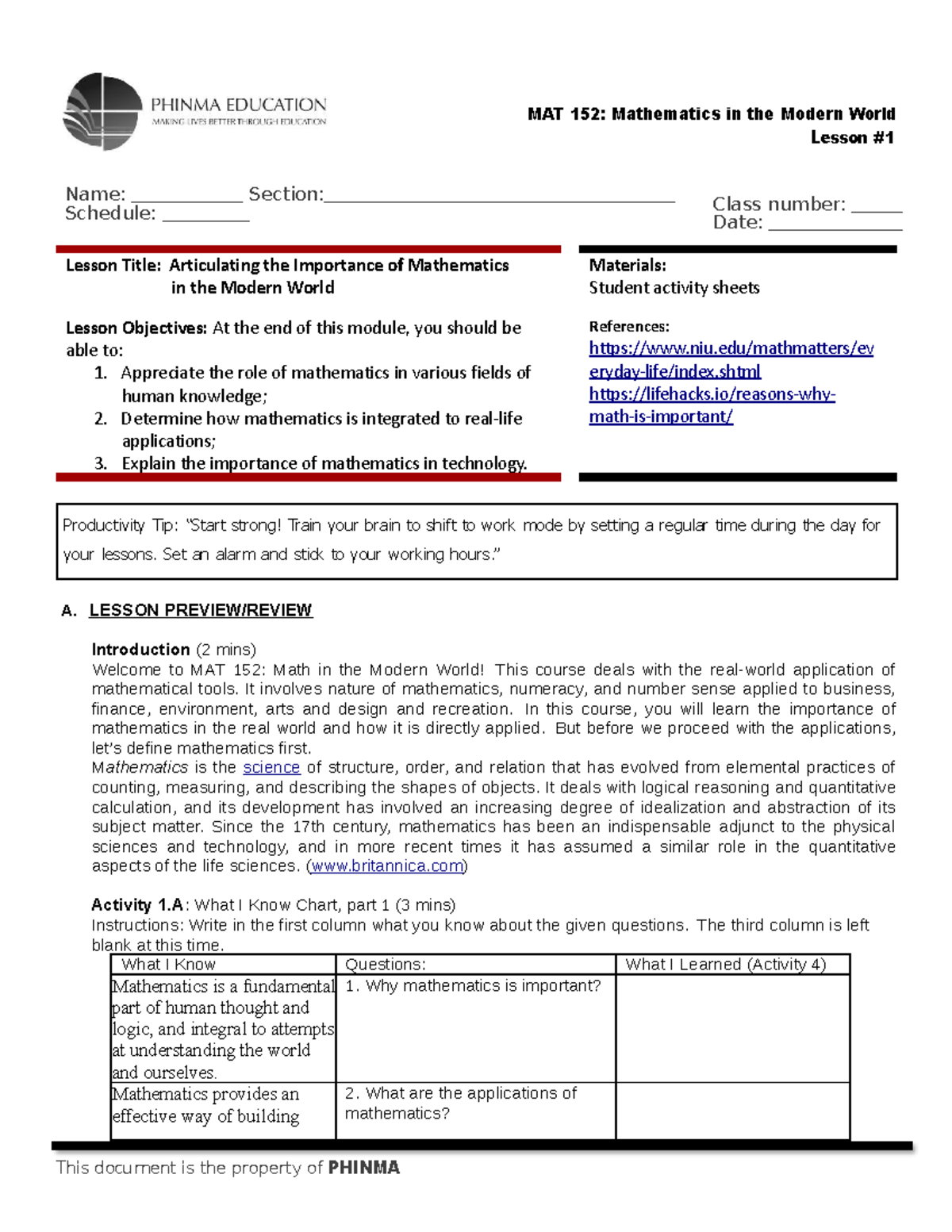 MAT 152 SAS#1 2324 - Module - Name: Section: Schedule: Class number ...