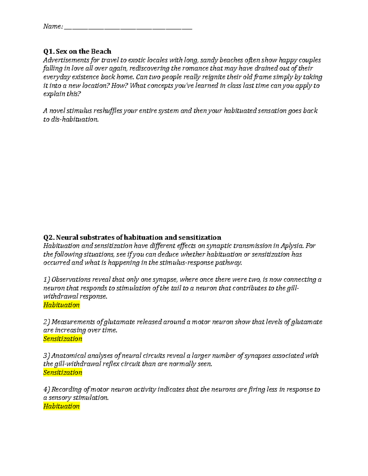 Habituation Sensitization Class Activity - Name