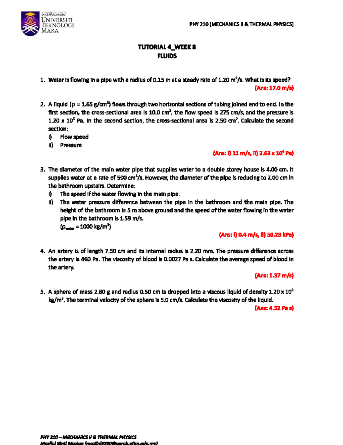 Tutorial Question Week 8 - Mechanics and Thermal Physics - Studocu
