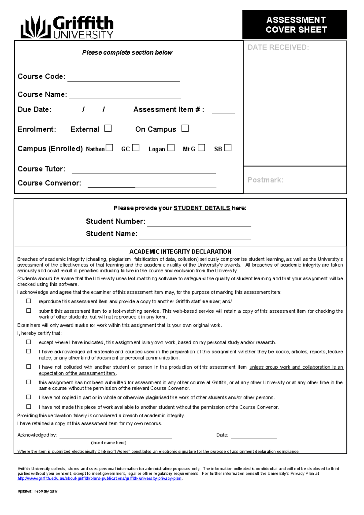 GU Individual Assessment Coversheet - ASSESSMENT COVER SHEET Please ...