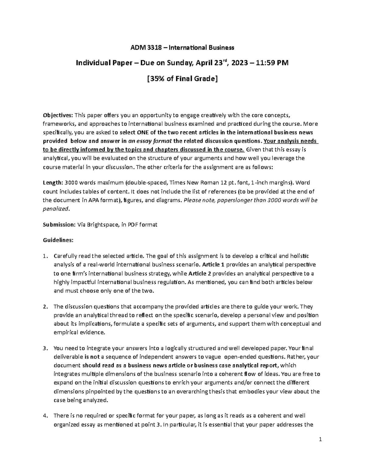 Final Paper Guidelines - ADM 3318 - ADM 3318 – International Business ...