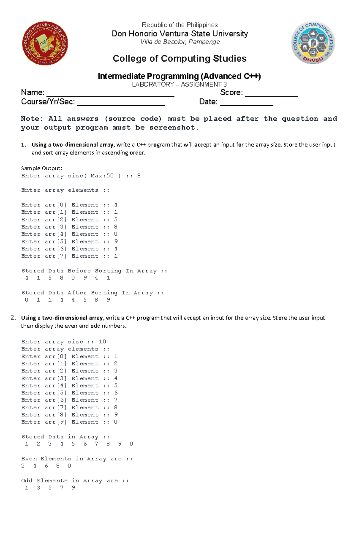 Lab-Assignment-3 - Republic of the Philippines Don Honorio Ventura State University Villa de ...