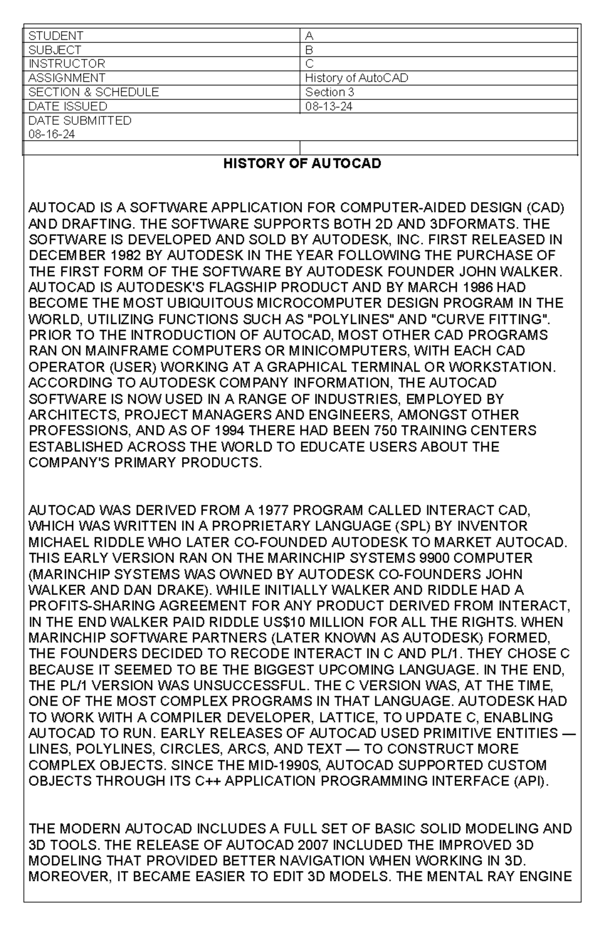 History of Auto CAD - love to share - STUDENT A SUBJECT B INSTRUCTOR C ...