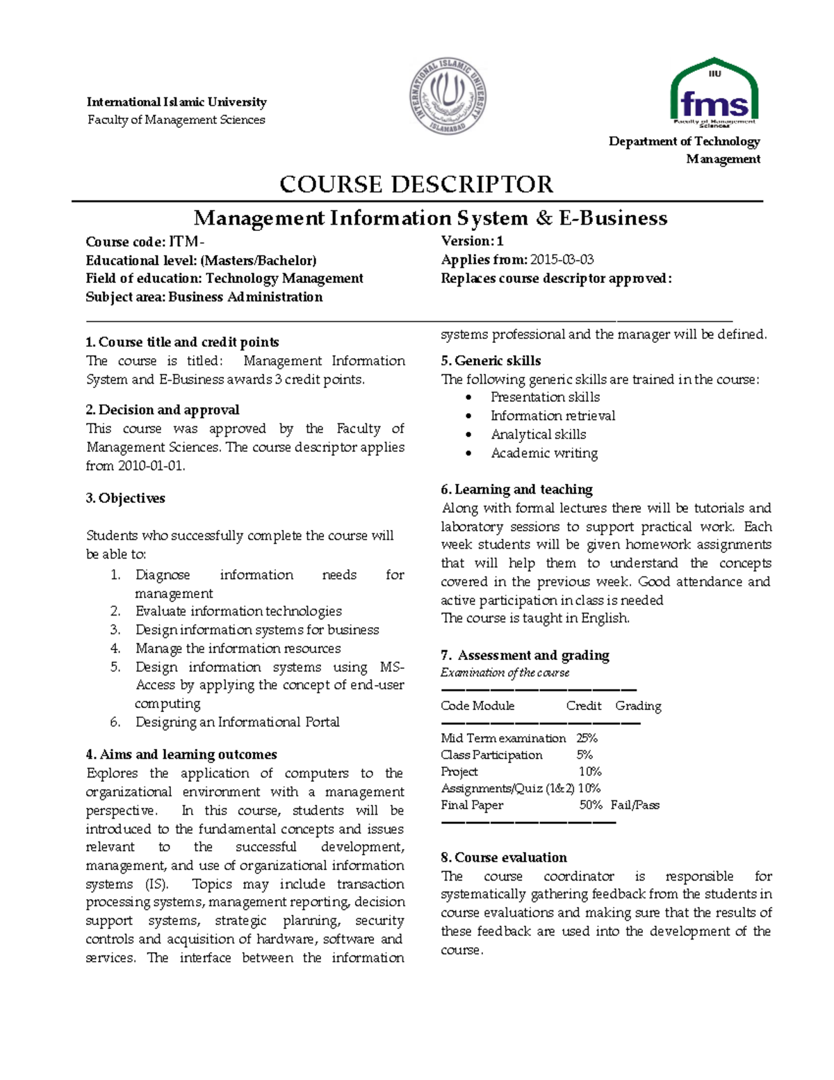 MIS course outline 230207 230550 - International Islamic University ...