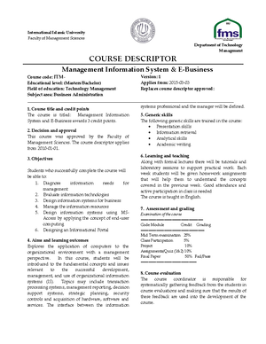 MIS course outline 230207 230550 - International Islamic University Faculty of Management ...