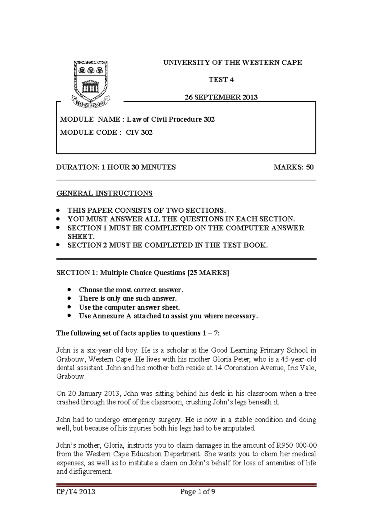 T4-2013 1 - VERY HELPFUL - UNIVERSITY OF THE WESTERN CAPE TEST 4 26 ...