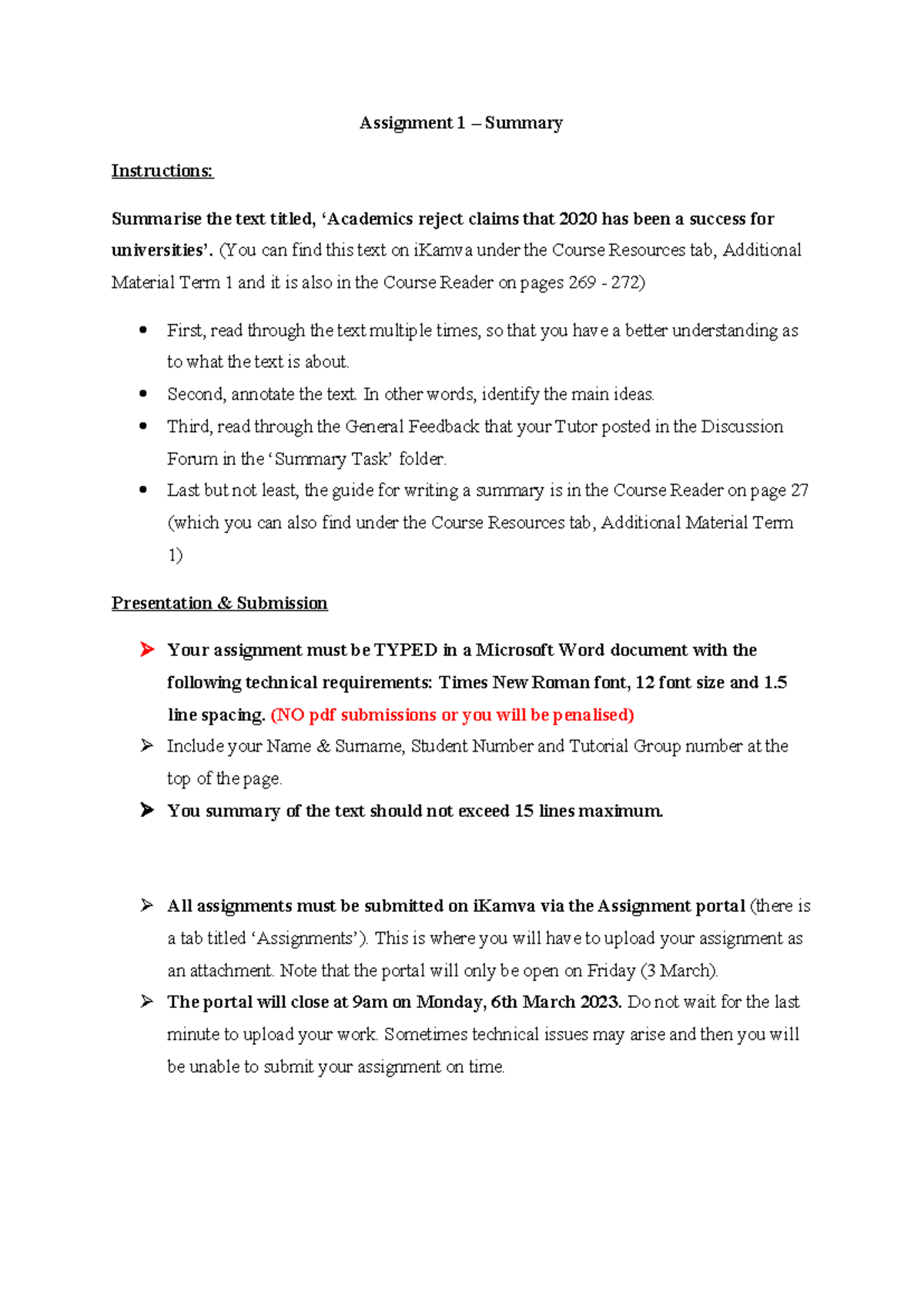 Assignment 1 - Summary instructions - Assignment 1 – Summary Instructions: Summarise the text ...
