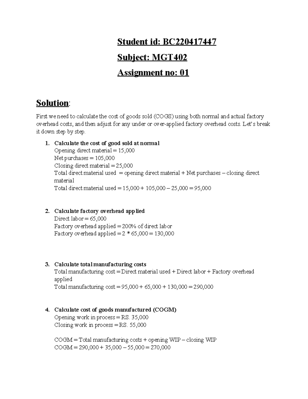 MGT 402 assignment done - Student id: BC Subject: MGT Assignment no: 01 Solution: First we need ...