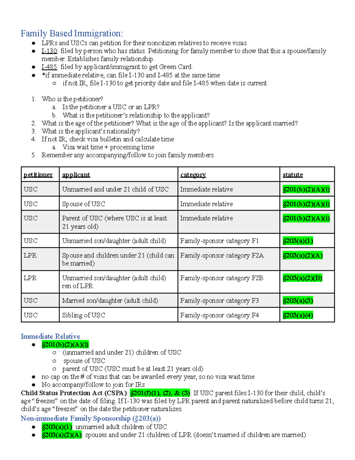 Immigration law outline - Family Based Immigration: LPRs and USCs can ...