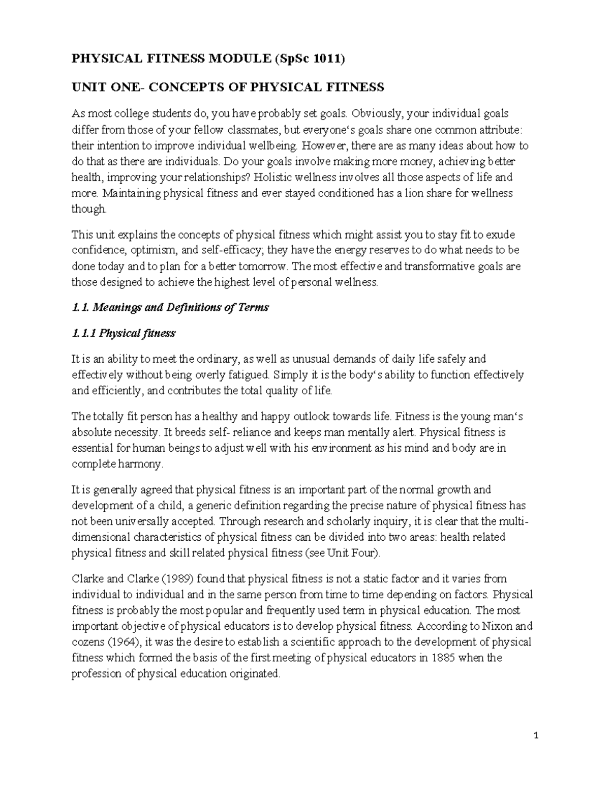 Physical Fitness Module - PHYSICAL FITNESS MODULE (SpSc 1011) UNIT ONE ...