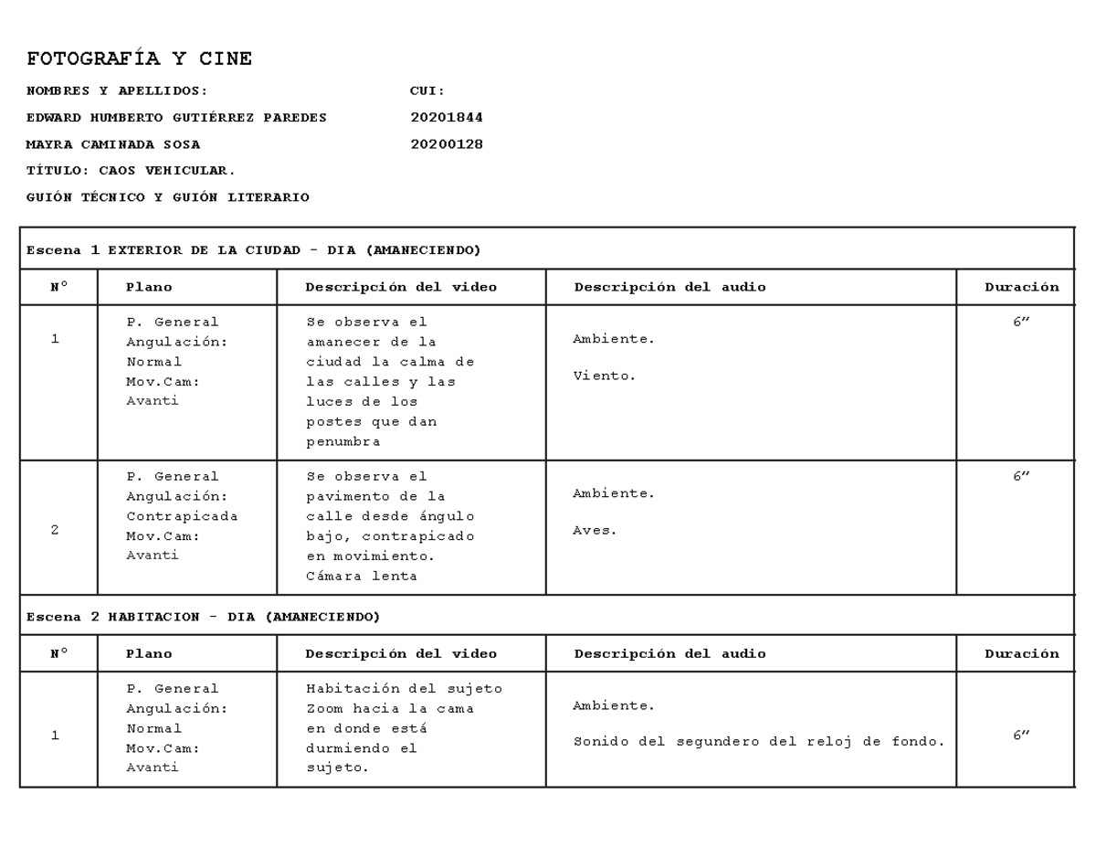 Guion Literario Y Guion Tecnico - FOTOGRAFÍA Y CINE NOMBRES Y APELLIDOS ...