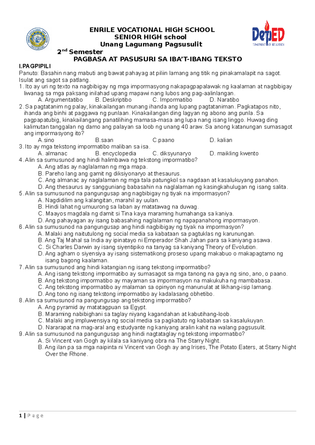 Unang pagsusult pagbasa - ENRILE VOCATIONAL HIGH SCHOOL SENIOR HIGH ...