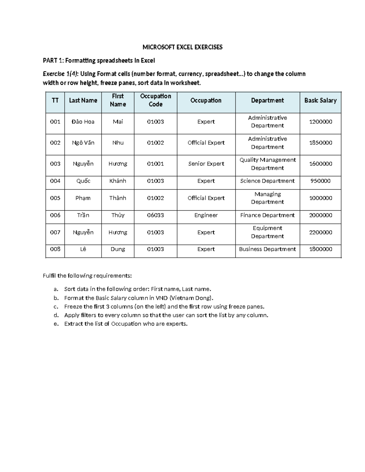 Tut4 Excel Exercises - dqw - MICROSOFT EXCEL EXERCISES PART 1: Formatting spreadsheets in Excel ...