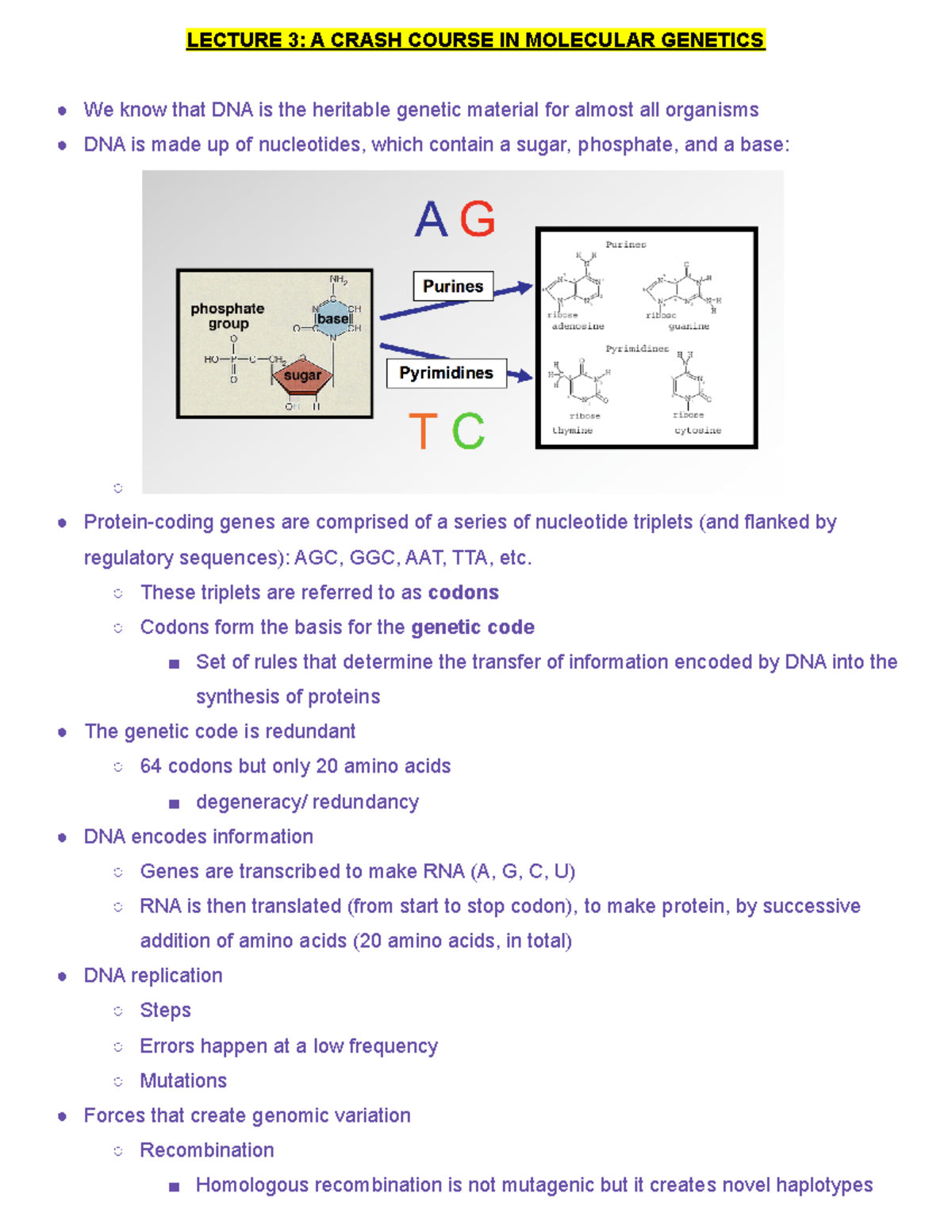 ENVS 326 Lecture 3-4 Notes - LECTURE 3: A CRASH COURSE IN MOLECULAR ...