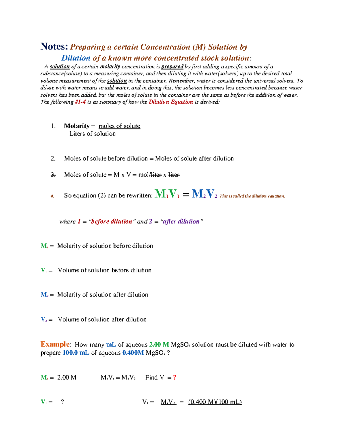 Notes Solutions Molarity and amp - Notes: Preparing a certain ...