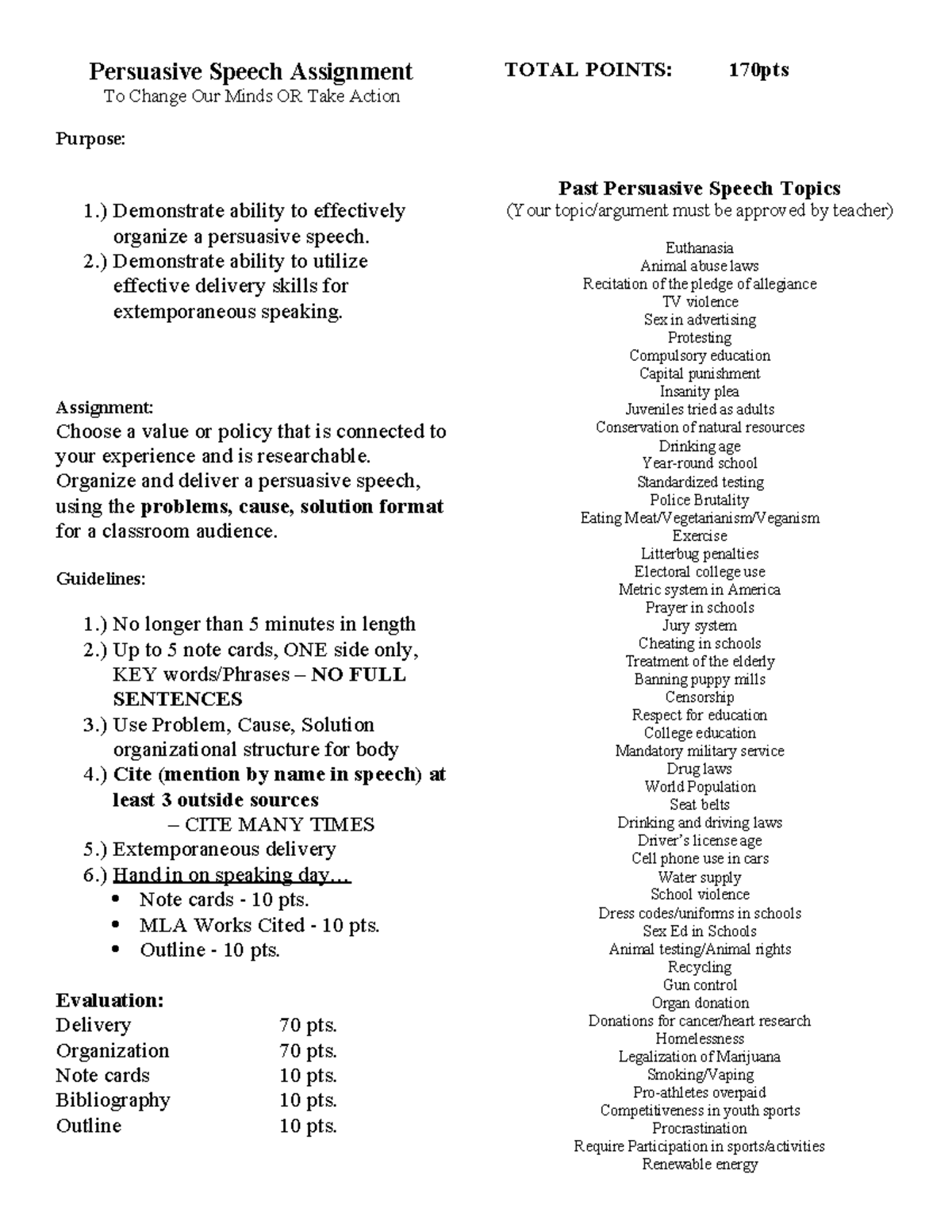 Persuasive Speech Assignment - ) Demonstrate ability to effectively ...