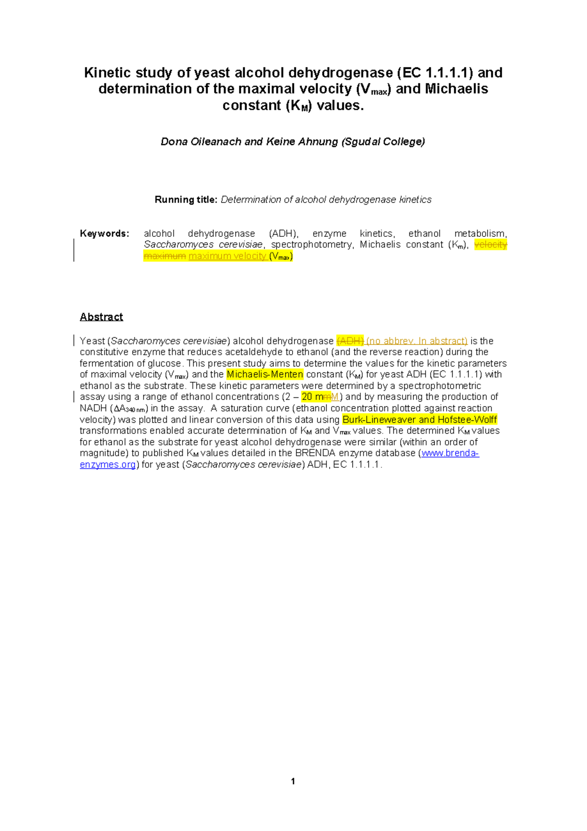 ADH Kinetics Manuscript Critique - Kinetic study of yeast alcohol ...