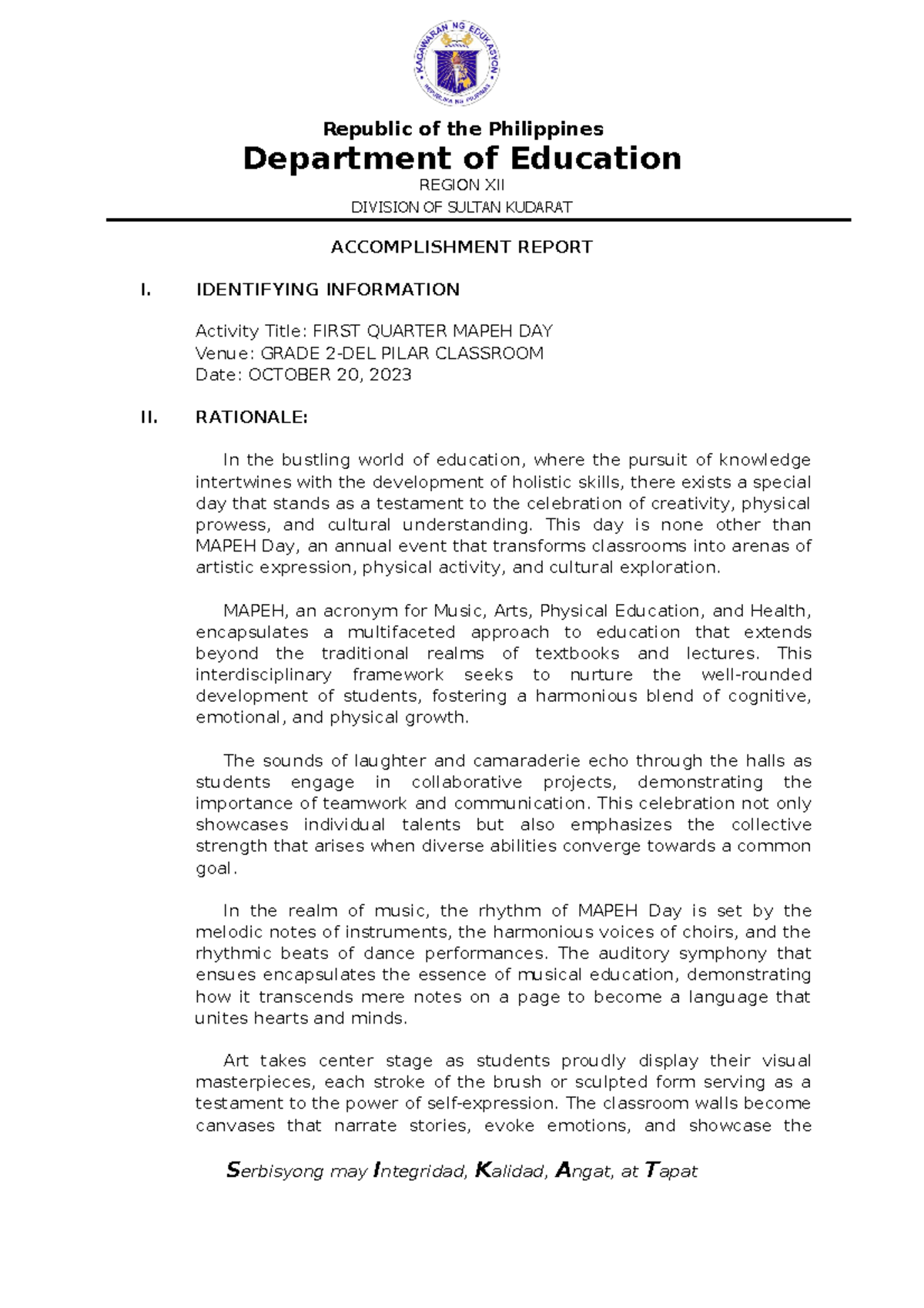 Quarterly Mapeh DAY Accomplishment Report - Department of Education ...