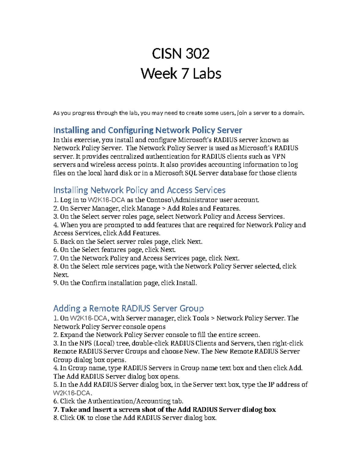 Week 7 Labs - just lab - CISN 302 Week 7 Labs As you progress through ...