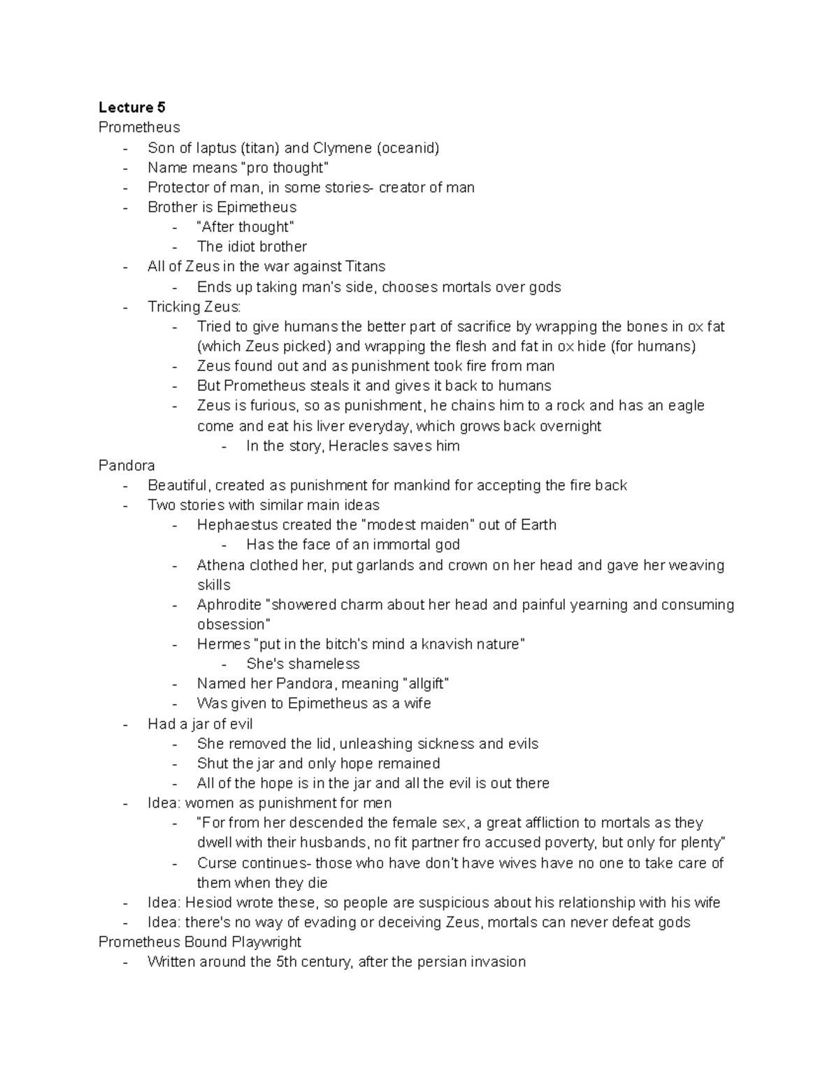 Classical mythology lecture 5 - Lecture 5 Prometheus - Son of Iaptus ...