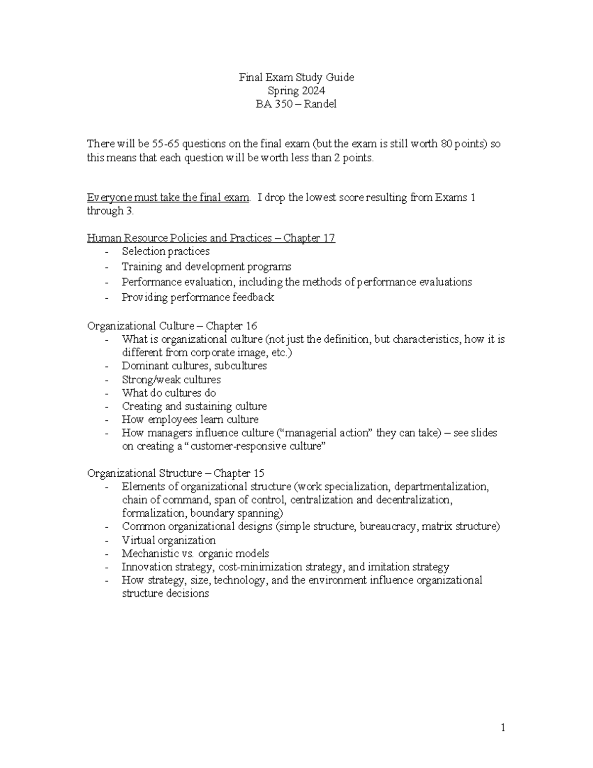 Final Exam Study Guide BA350-1 - Final Exam Study Guide Spring 2024 BA 350 – Randel There will ...