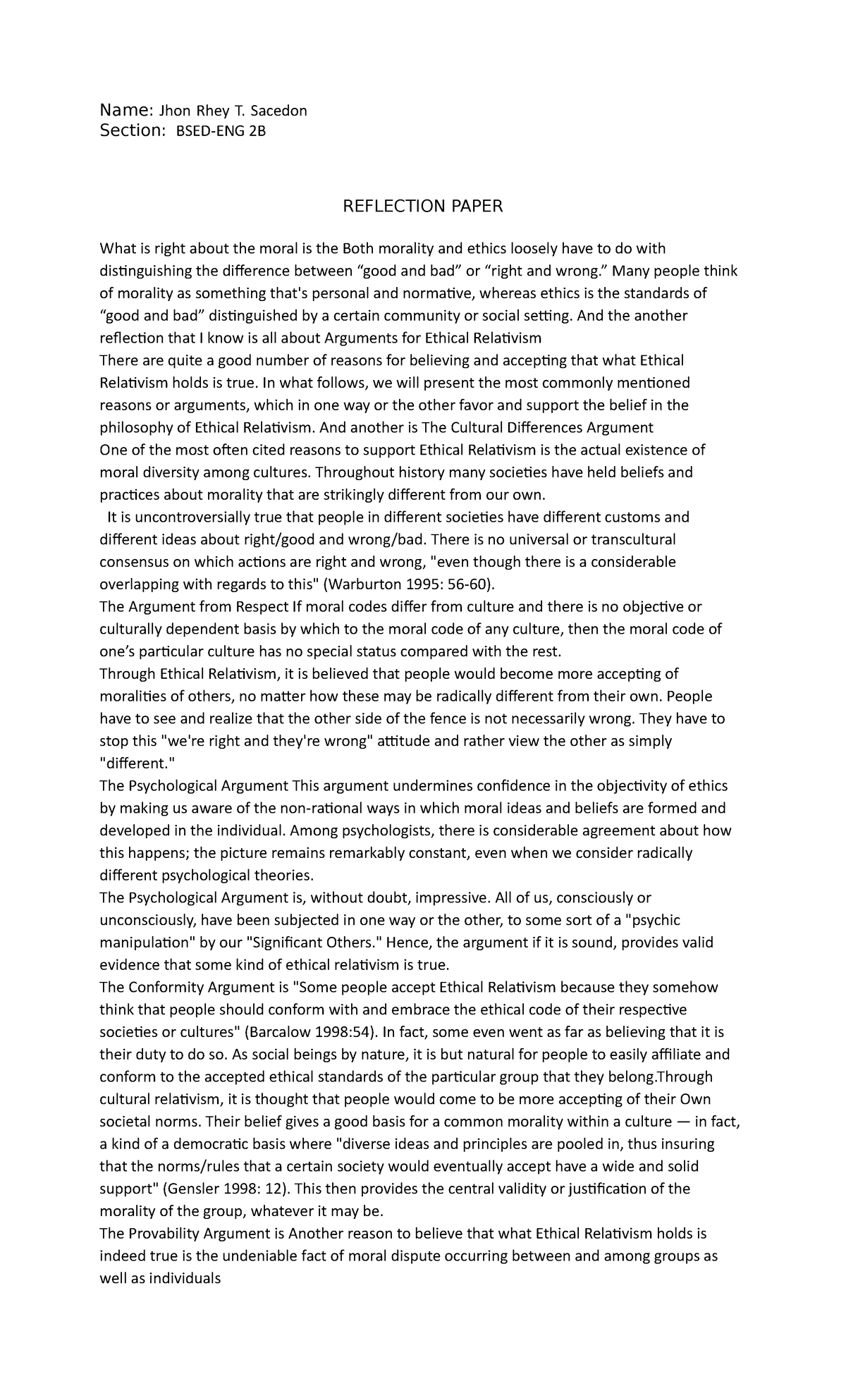 Final Requirement FOR Ethics Sample Format - Name: Jhon Rhey T. Sacedon ...