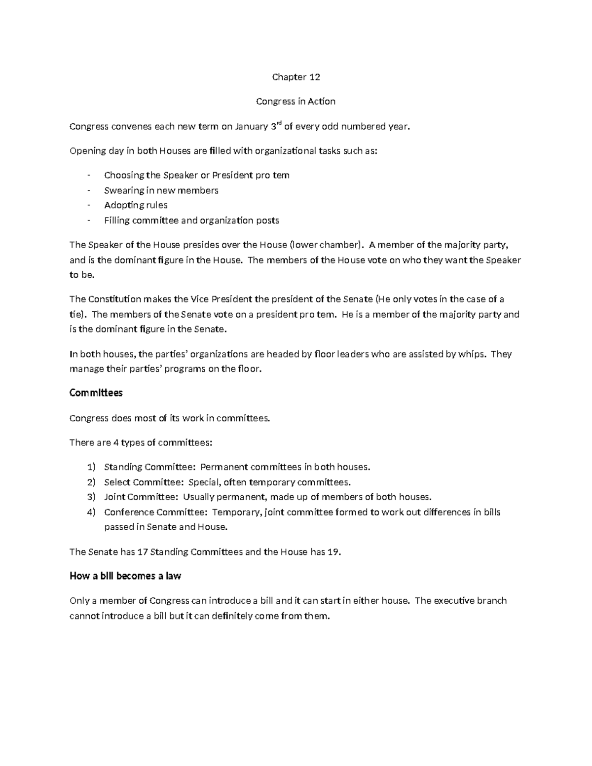 Chapter 12 lecture notes AG - Chapter 12 Congress in Action Congress ...