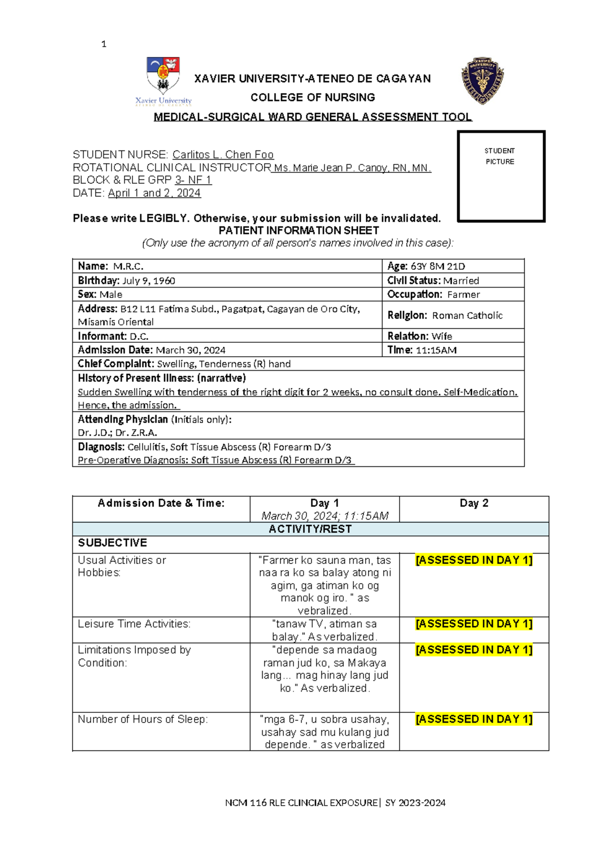 Assessment-Tool Surgical-Ward-1st Rot - XAVIER UNIVERSITY-ATENEO DE ...