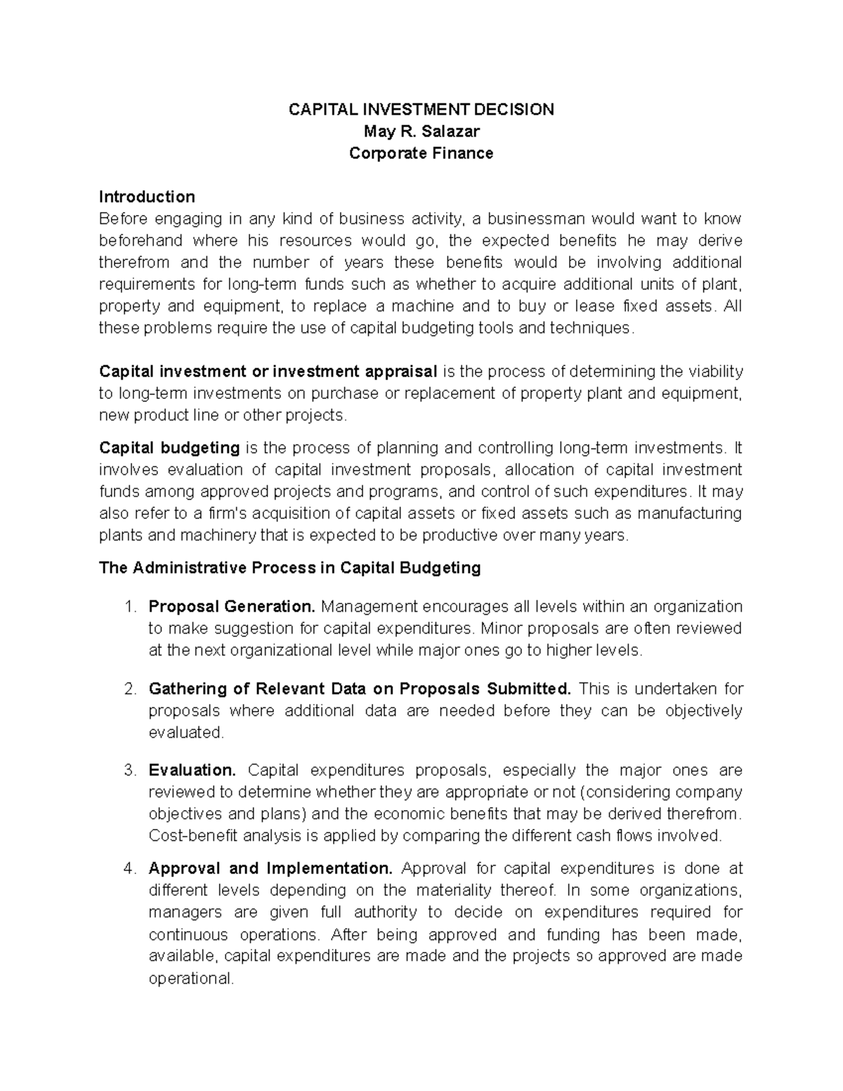 Narrative-Report - Capital investment - CAPITAL INVESTMENT DECISION May ...