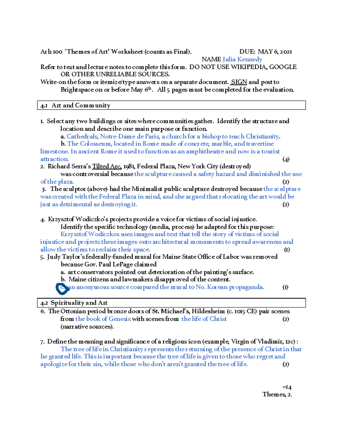 Arh 100 Final 2021 - arh100 - Arh 100 ‘ Themes of Art’ Worksheet (counts as Final). DUE: MAY 6 ...
