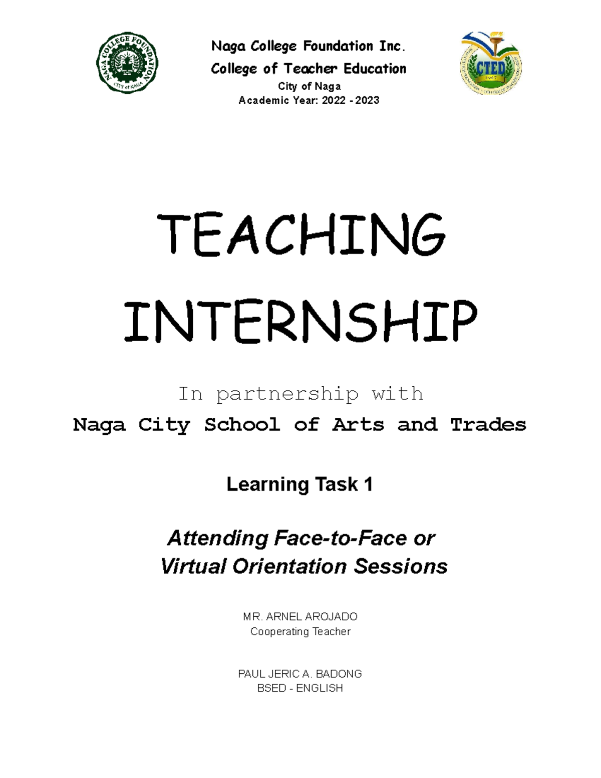 Front Page - Teaching Intership - College of Teacher Education City of ...