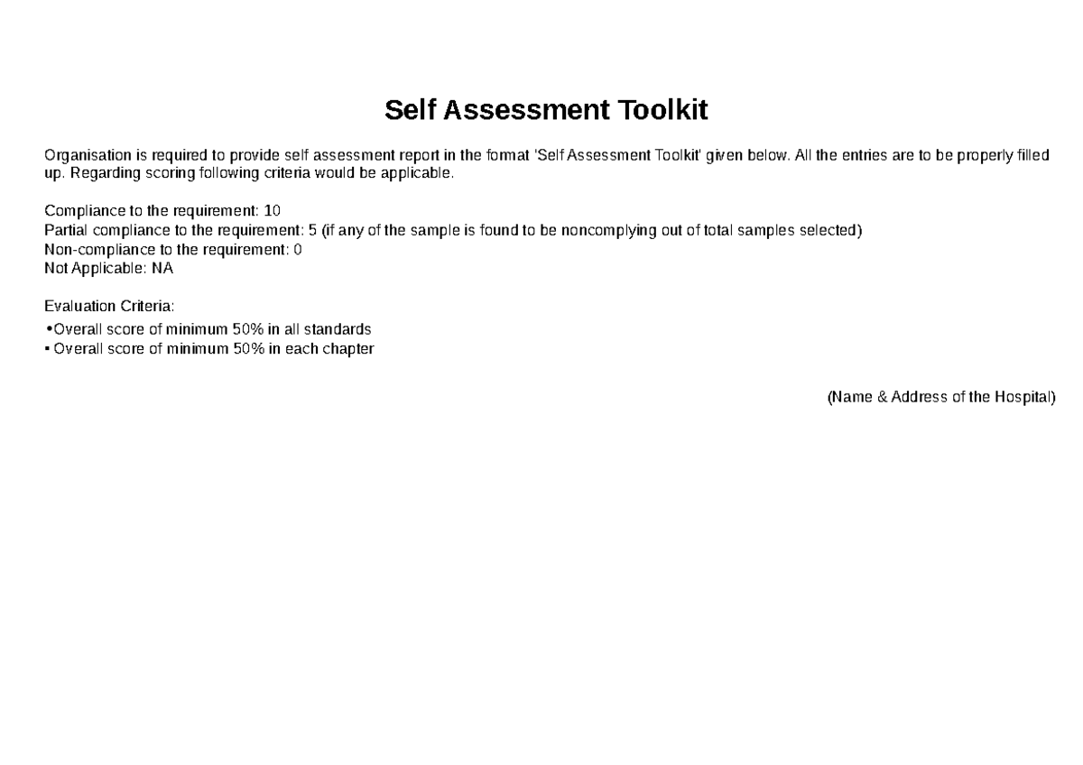 Hospital - Self Assessment Toolkit Compliance to the requirement: 10 ...