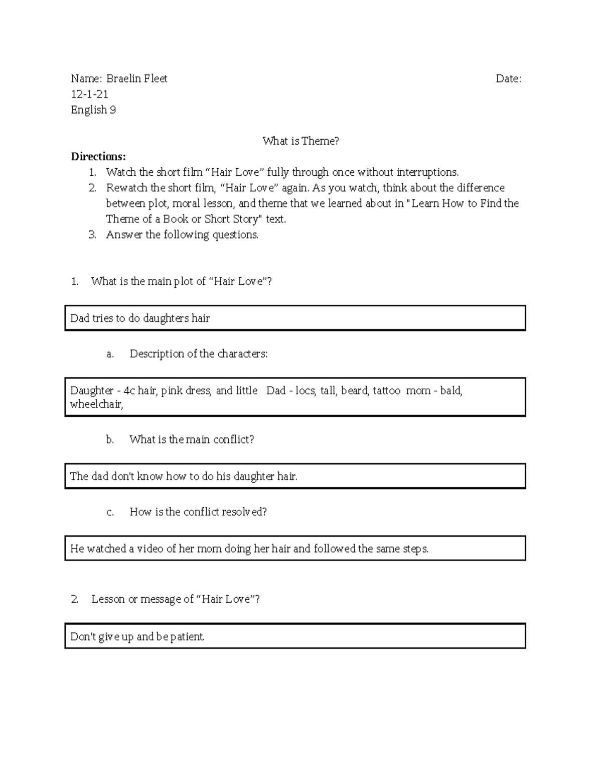 Braelin Copy of What is Theme Worksheet - English 9 - Name: Braelin ...