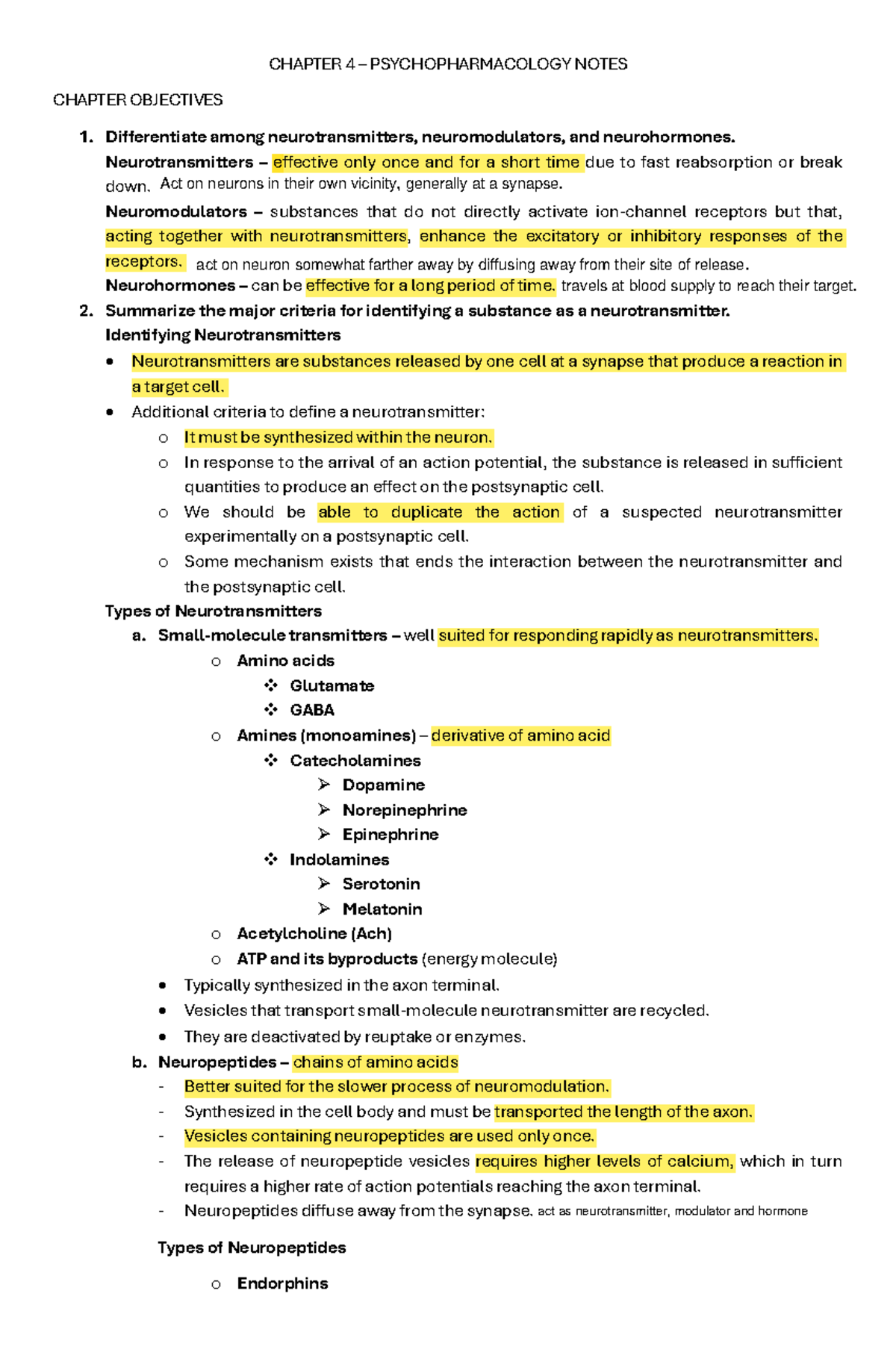Chapter 4 - Psychopharmacology Notes - CHAPTER 4 – PSYCHOPHARMACOLOGY ...