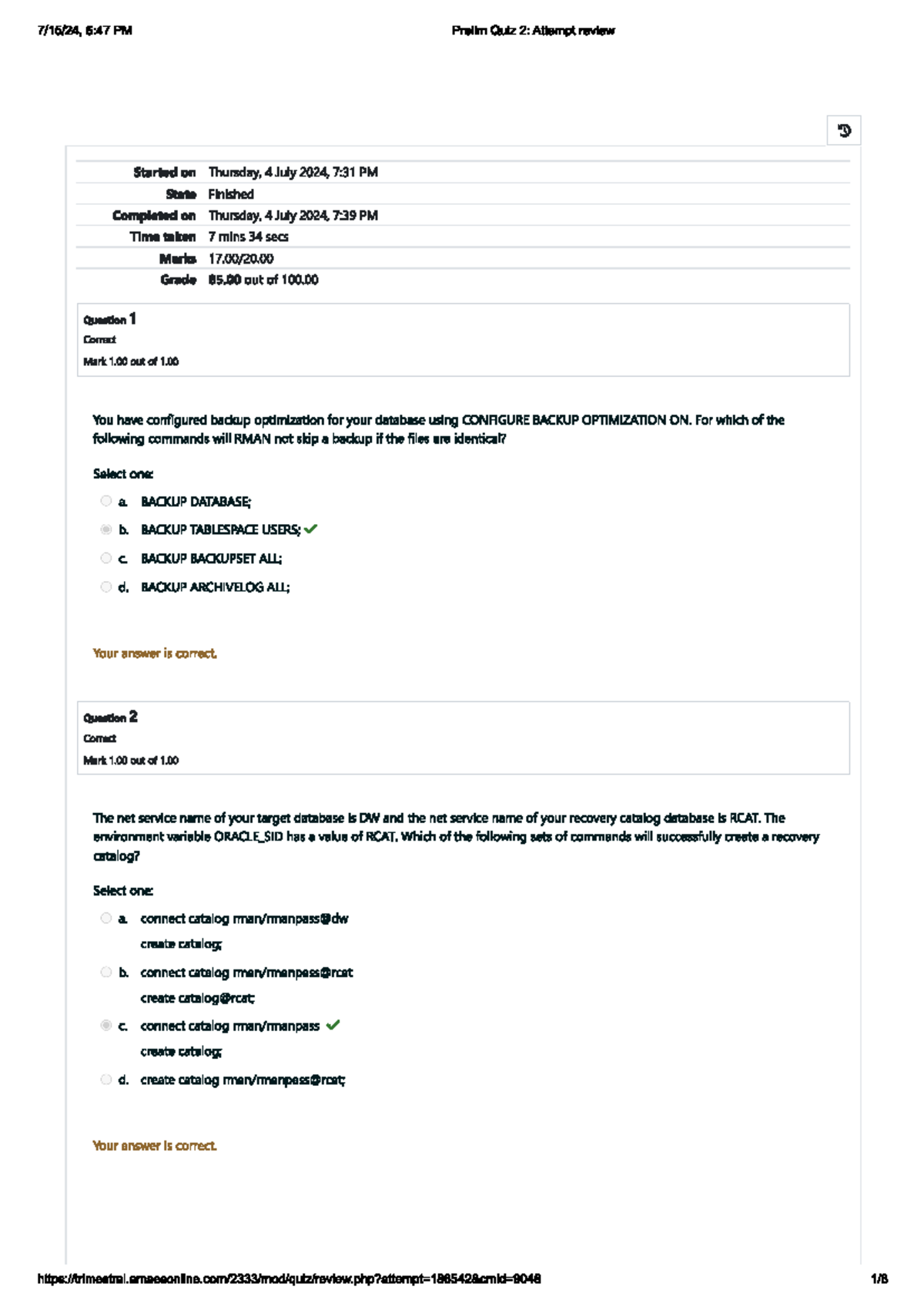 Database prelim quiz 2 - 6:47 PM Prelim Quiz 2: Attempt review Started on Thursday, 4 July 2024 ...