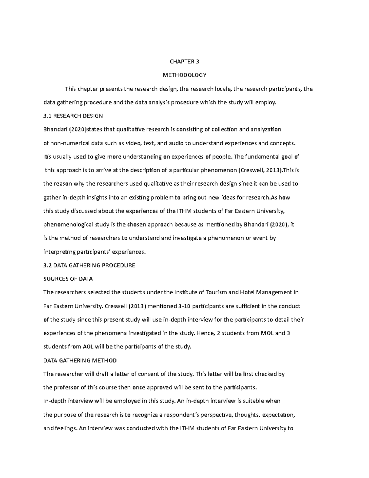 Sample Quali Chap 3-5 - CHAPTER 3 METHODOLOGY This chapter presents the ...