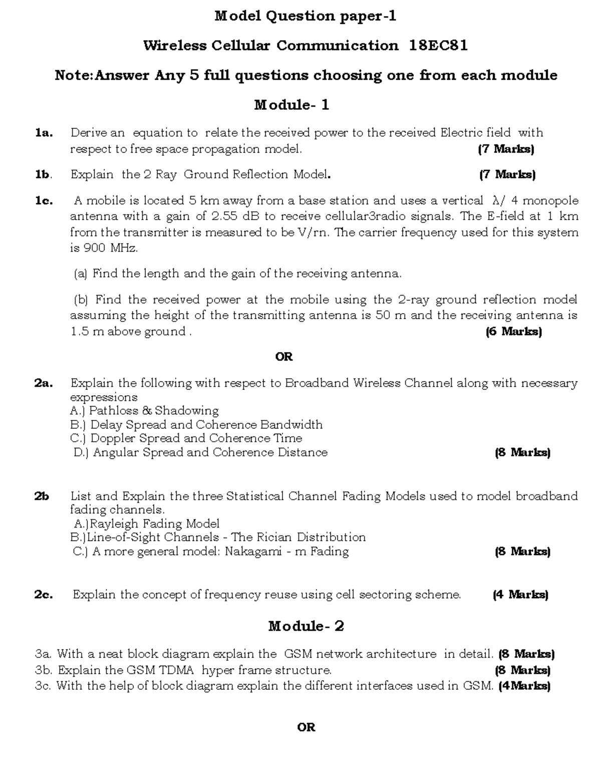 WCC Model paper-1 - njn - Model Question paper- 1 Wireless Cellular ...