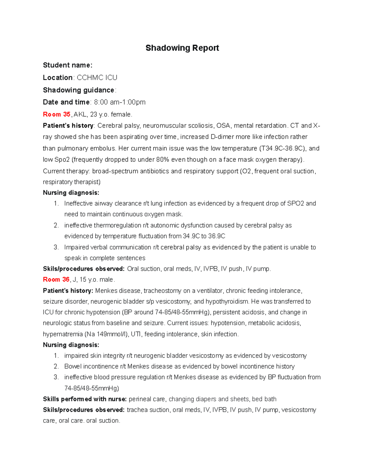 Shadowing report - Shadowing Report Student name: Location: CCHMC ICU ...