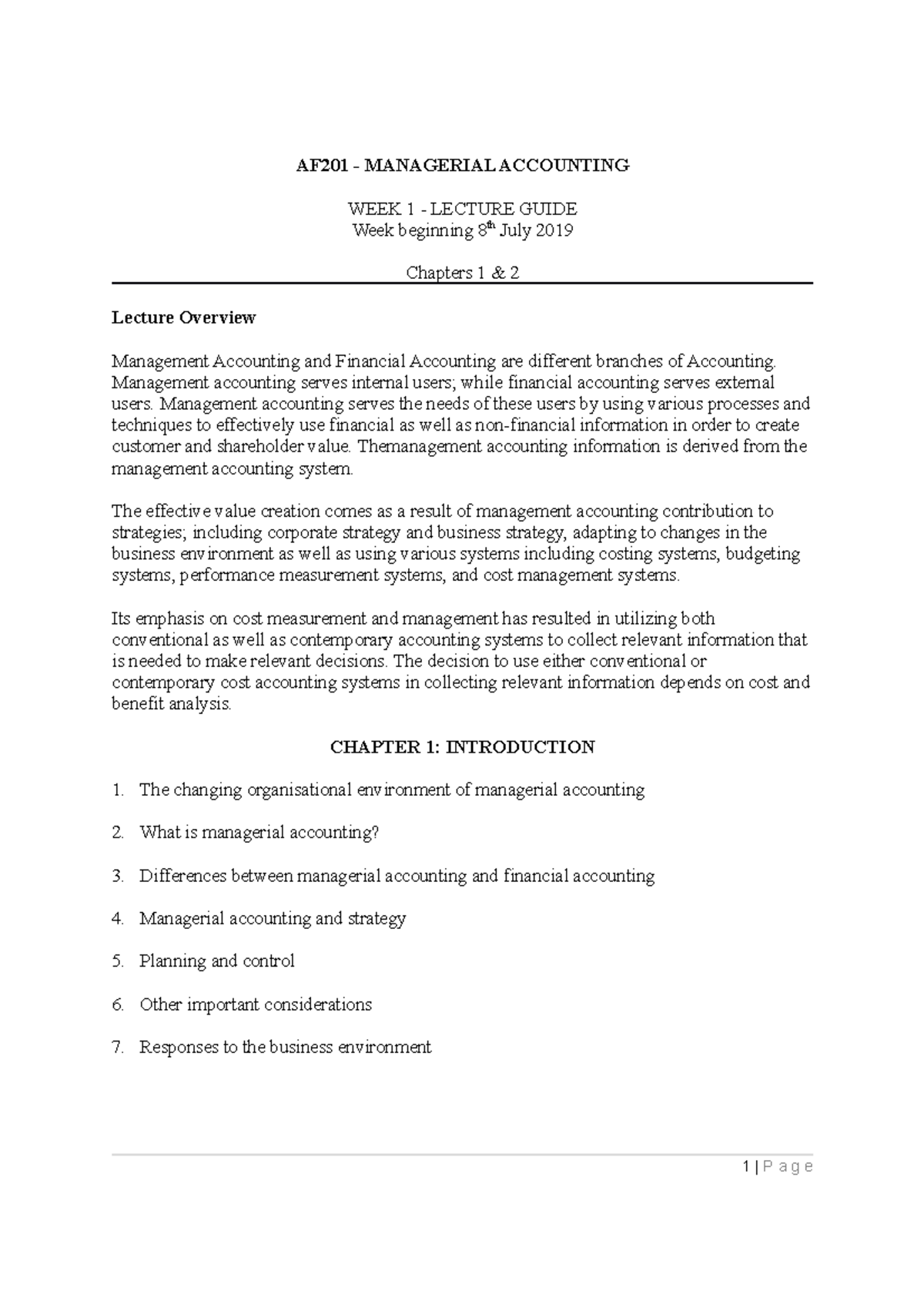Lecture Guide Week 1 - additional notes - AF201 - MANAGERIAL ACCOUNTING ...