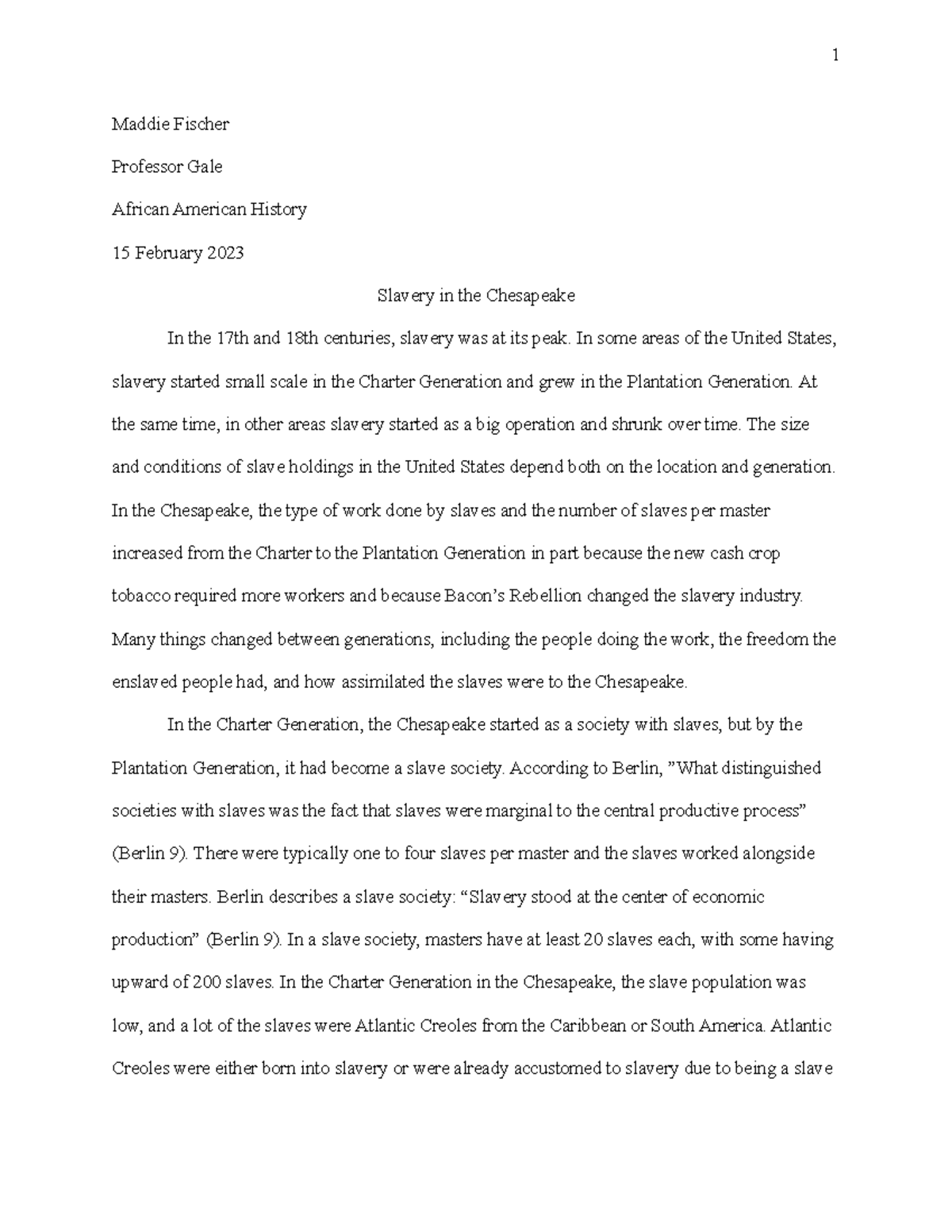 African American History Essay #1 - Maddie Fischer Professor Gale ...