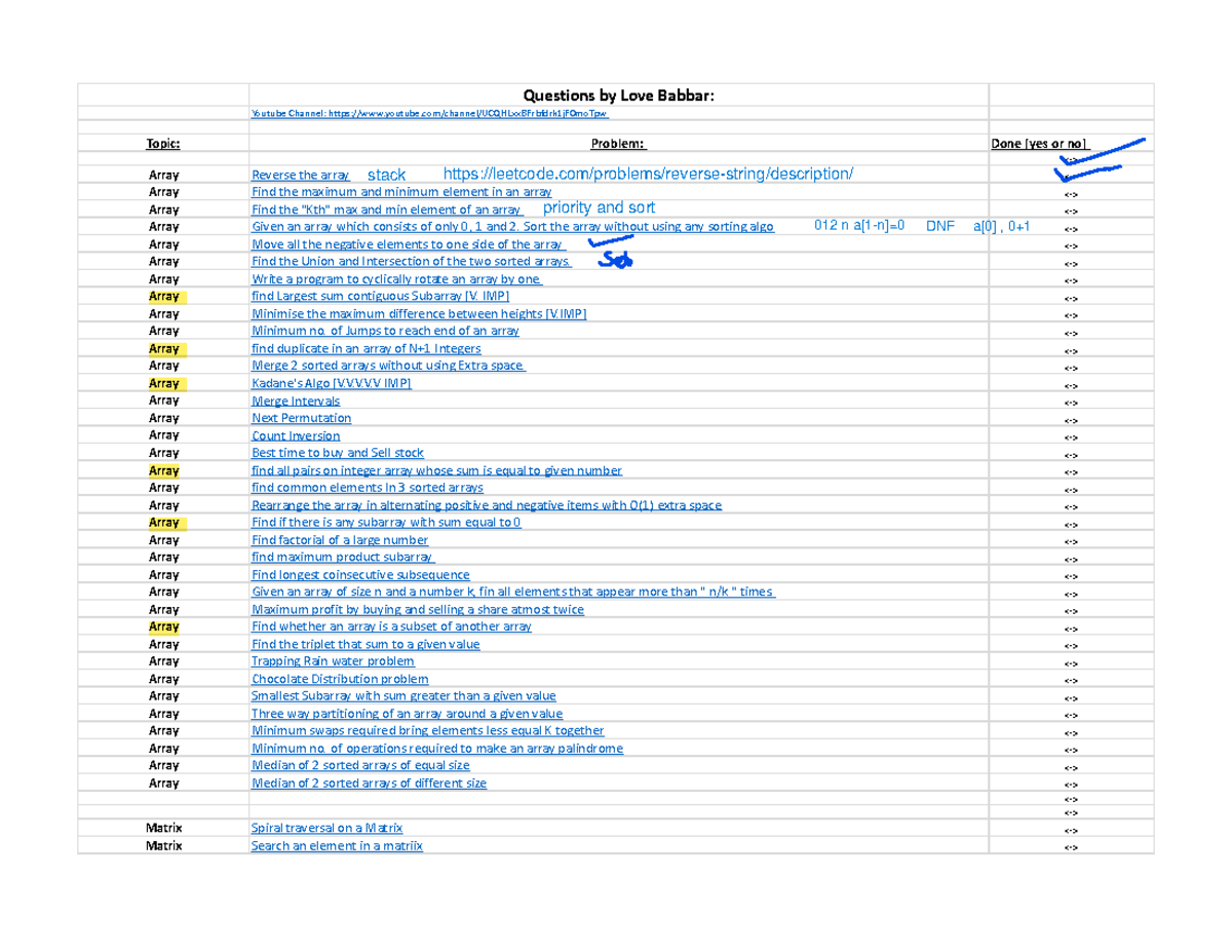 Copy of Final 450 - Sheet 1 - Questions by Love Babbar: Youtube Channel ...