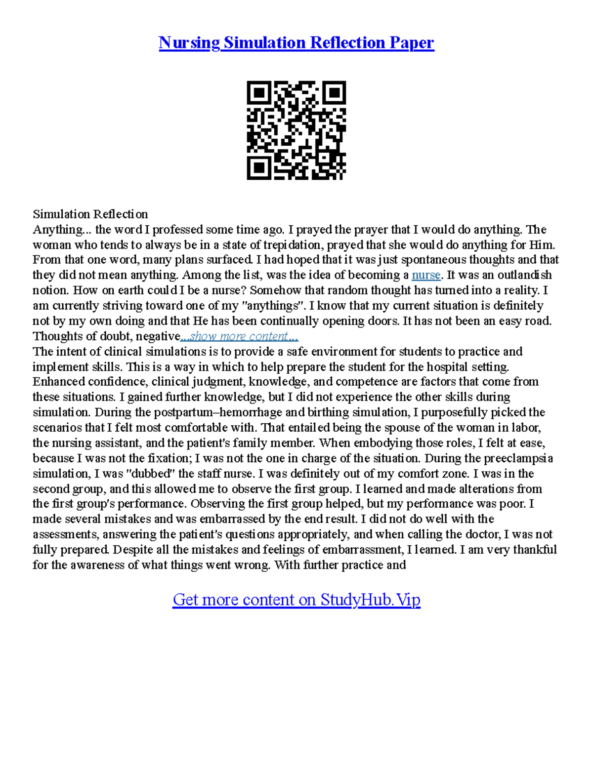 Sample Nursing Essays - Nursing Simulation Reflection Paper Simulation ...