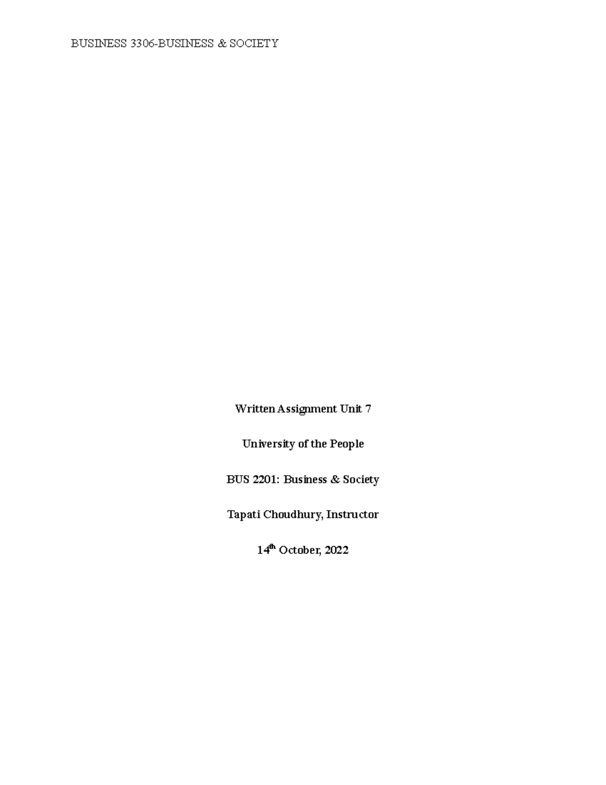 Written Assignment Unit 7 Bus Soc Business 3306 Business And Society 