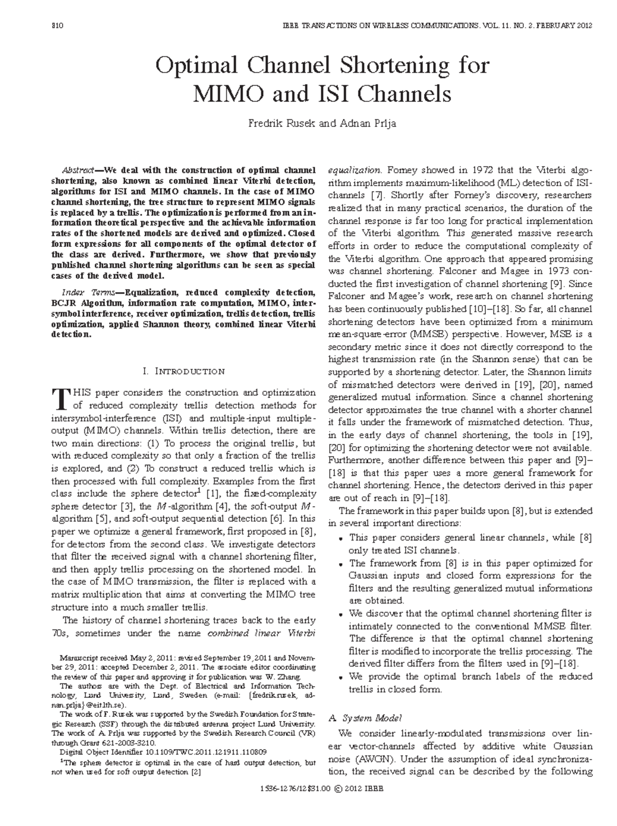 Optimal channel shortening of MIMO and ISI channels - 810 IEEE ...