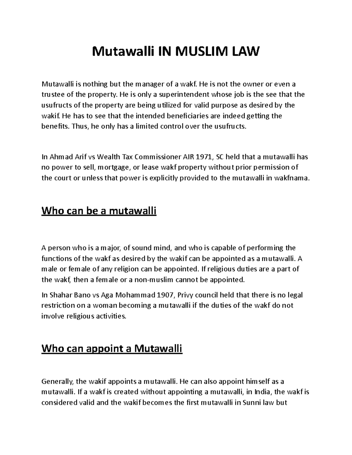 Mutawalli IN Muslim LAW - Mutawalli IN MUSLIM LAW Mutawalli is nothing ...