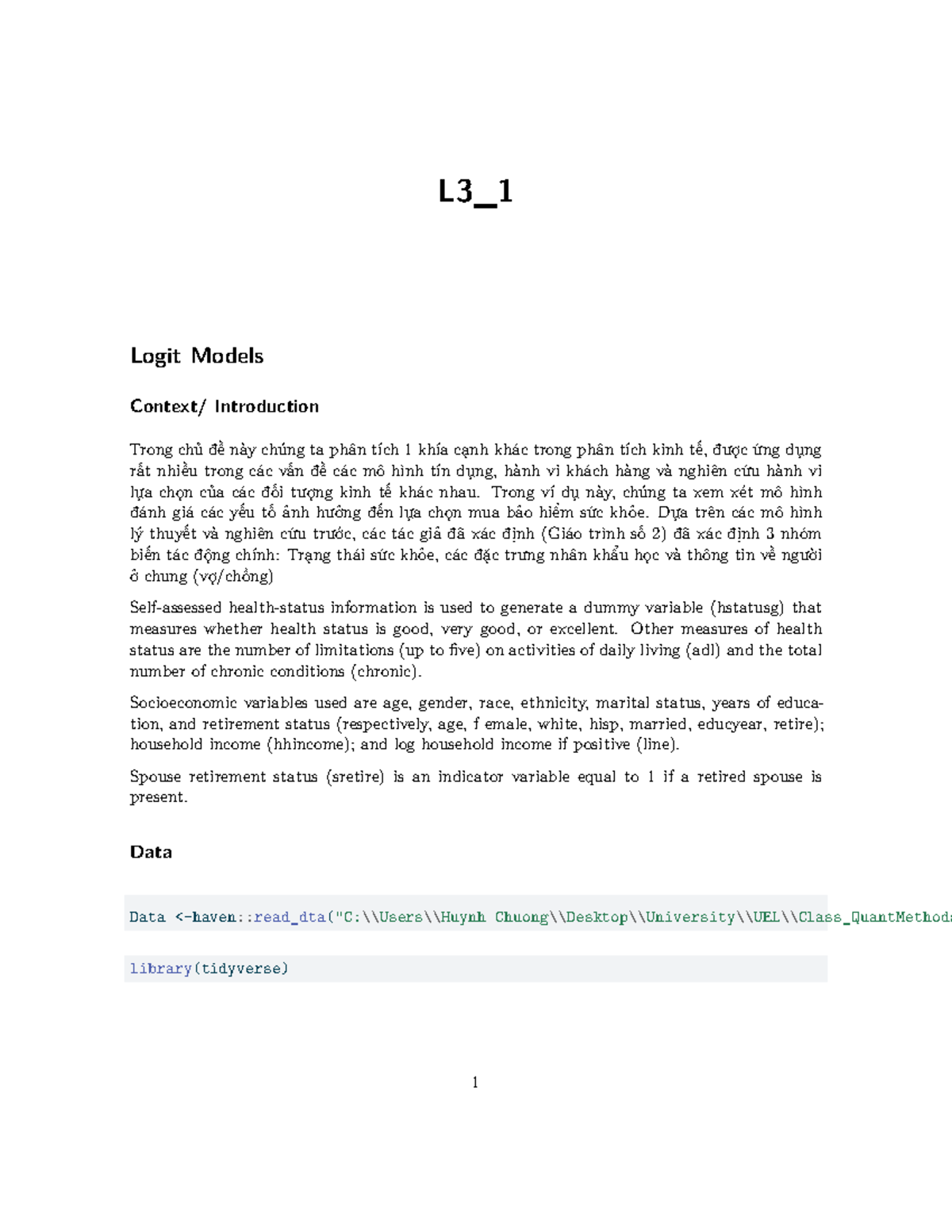 L3 1 - bai giang - L3_ Logit Models Context/ Introduction Trong chủ đề này chúng ta phân tích 1 ...