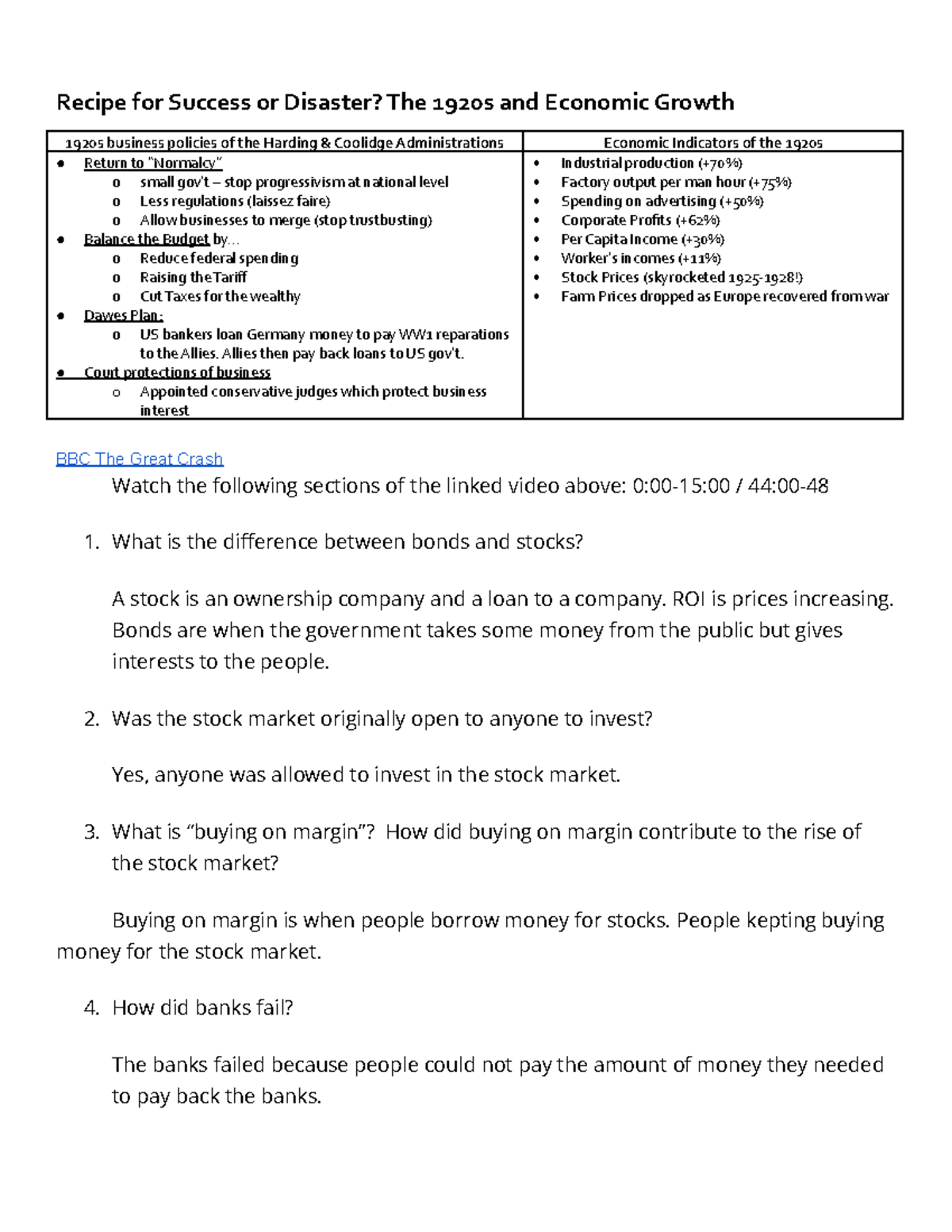 Copy of 1 25 Boom to Crash - Recipe for Success or Disaster? The 1920s ...